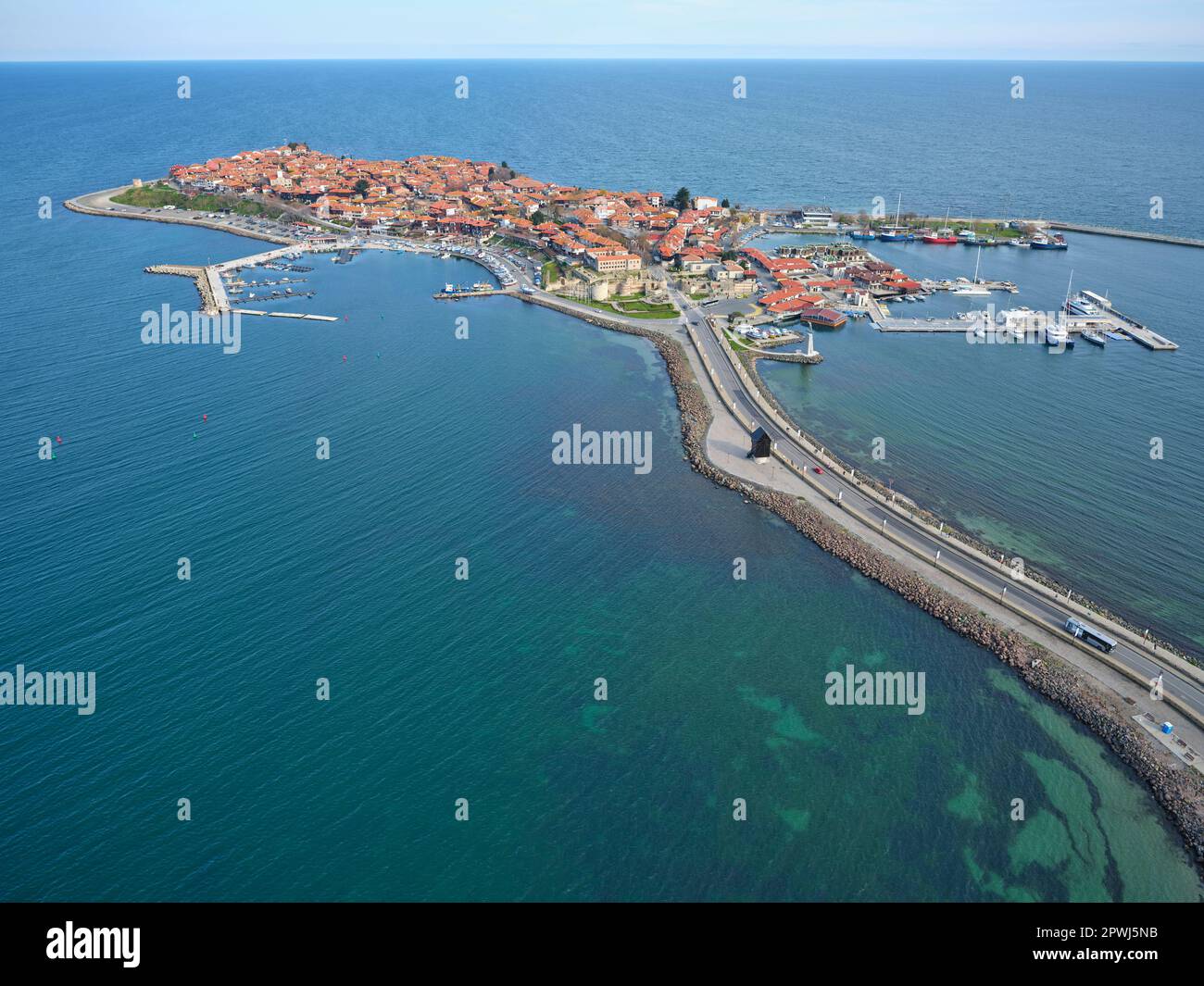 AERIAL VIEW. Historic and seaside resort of Nesebar (also Nessebar) on ...