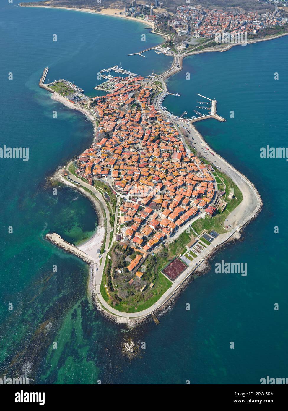 AERIAL VIEW. Historic and seaside resort of Nesebar (also Nessebar) on ...