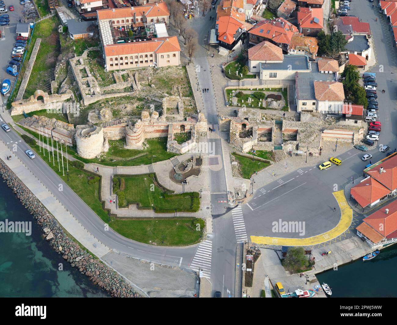 AERIAL VIEW. Ramparts of Nesebar (also Nessebar) on the western shore ...