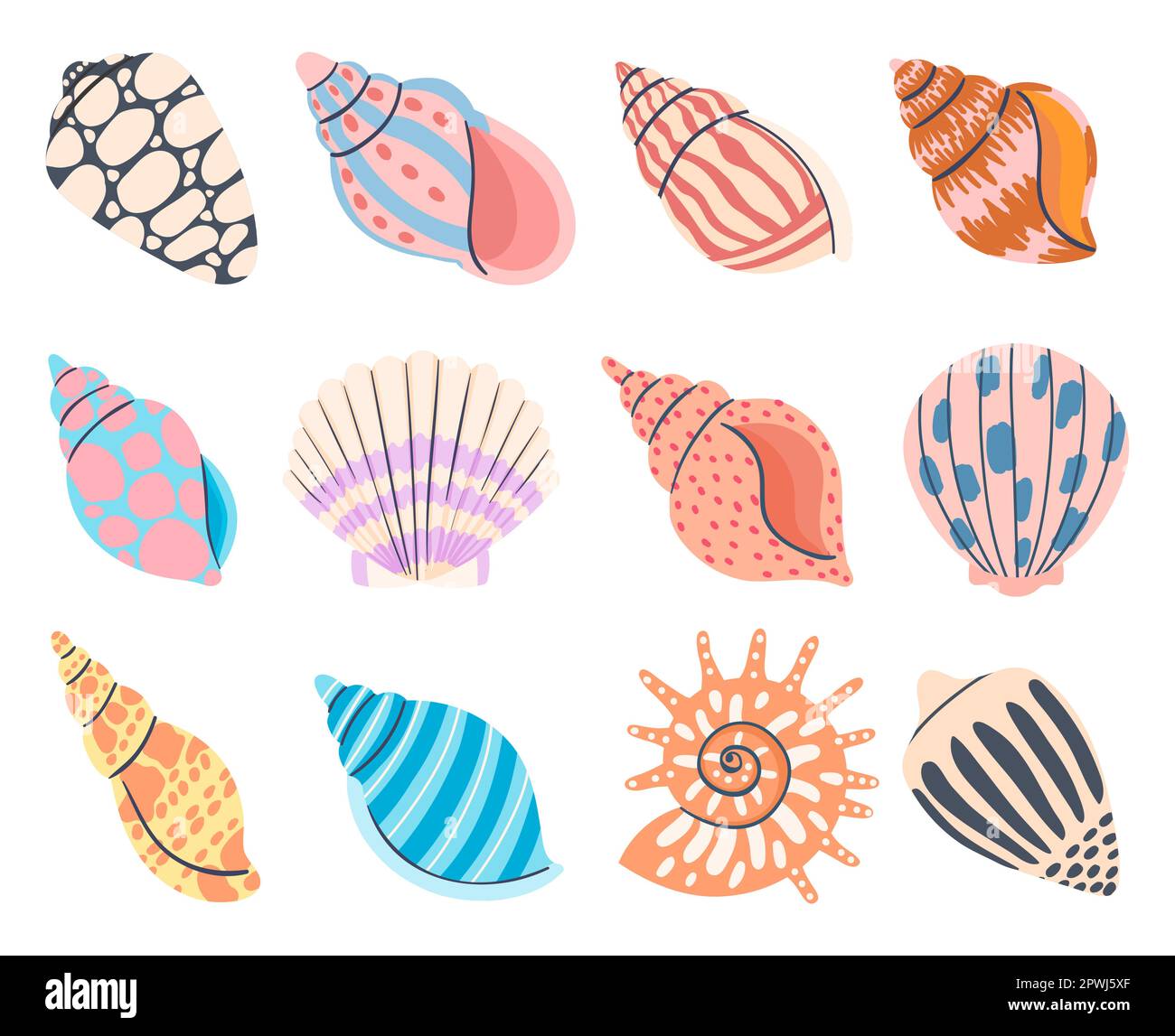 Colorful underwater conches of mollusk and sea snail. Vector of ocean ...