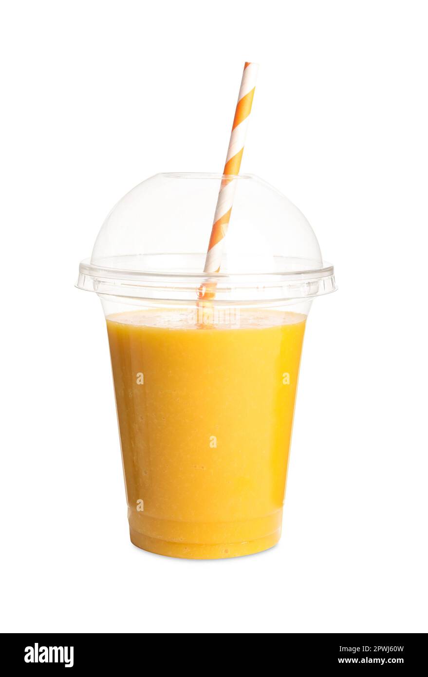 Plastic cup of tasty mango smoothie on white background Stock Photo - Alamy