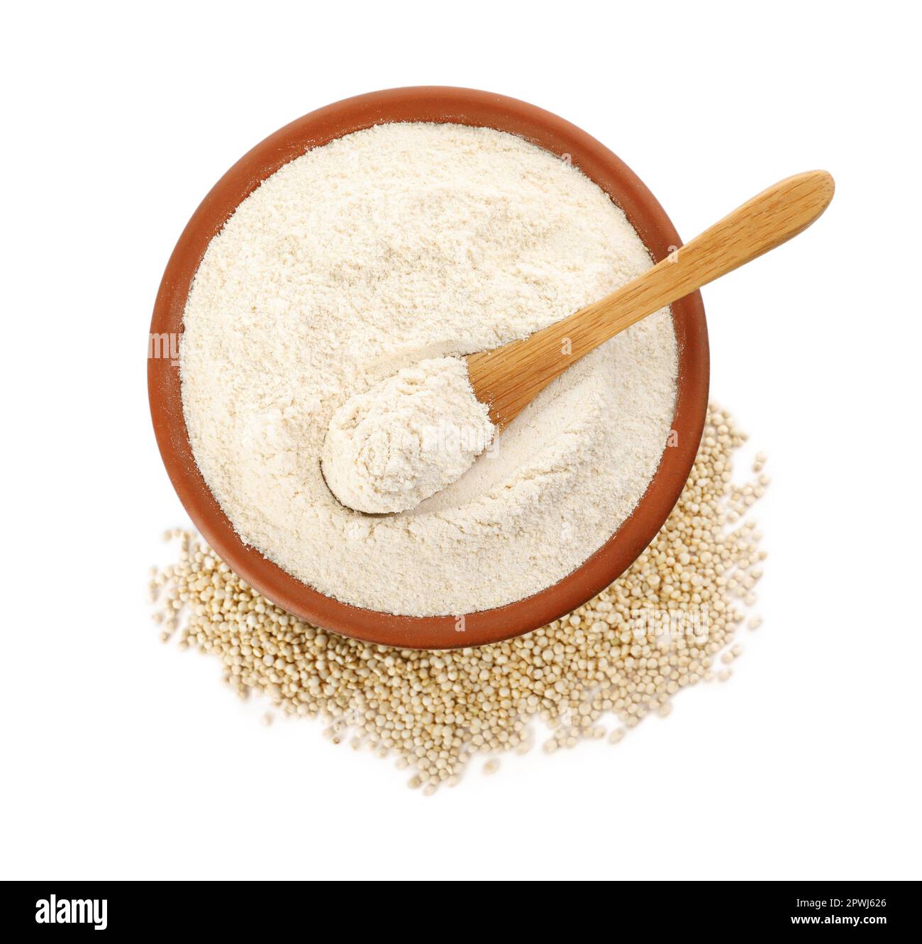 Quinoa flour in wooden bowl and seeds on white background Stock Photo ...