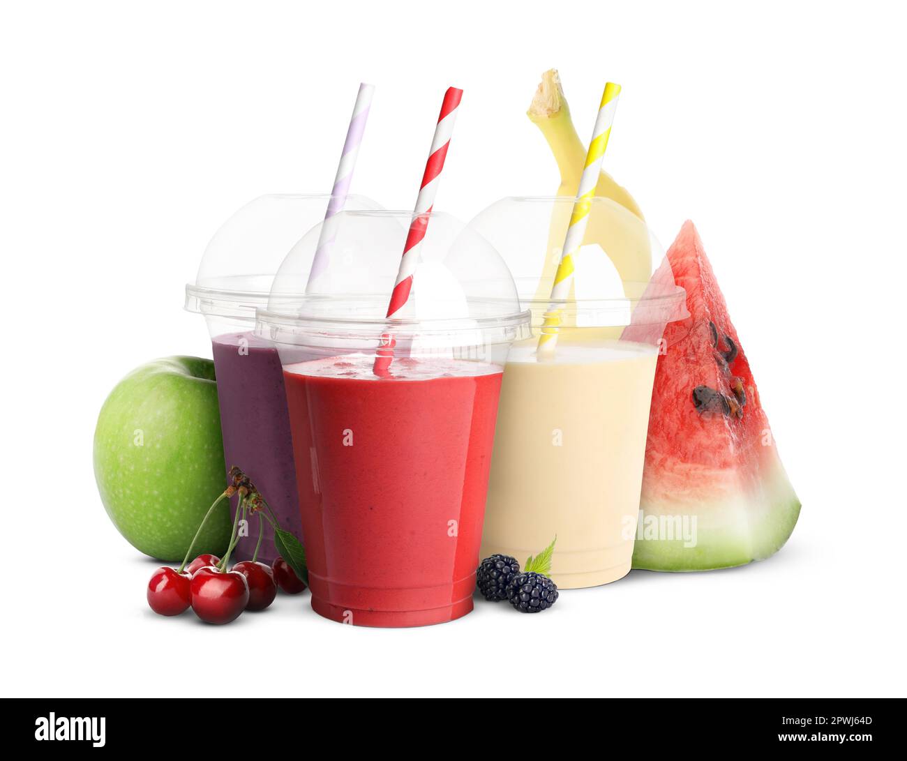 Different delicious smoothies in plastic cups on white background Stock ...