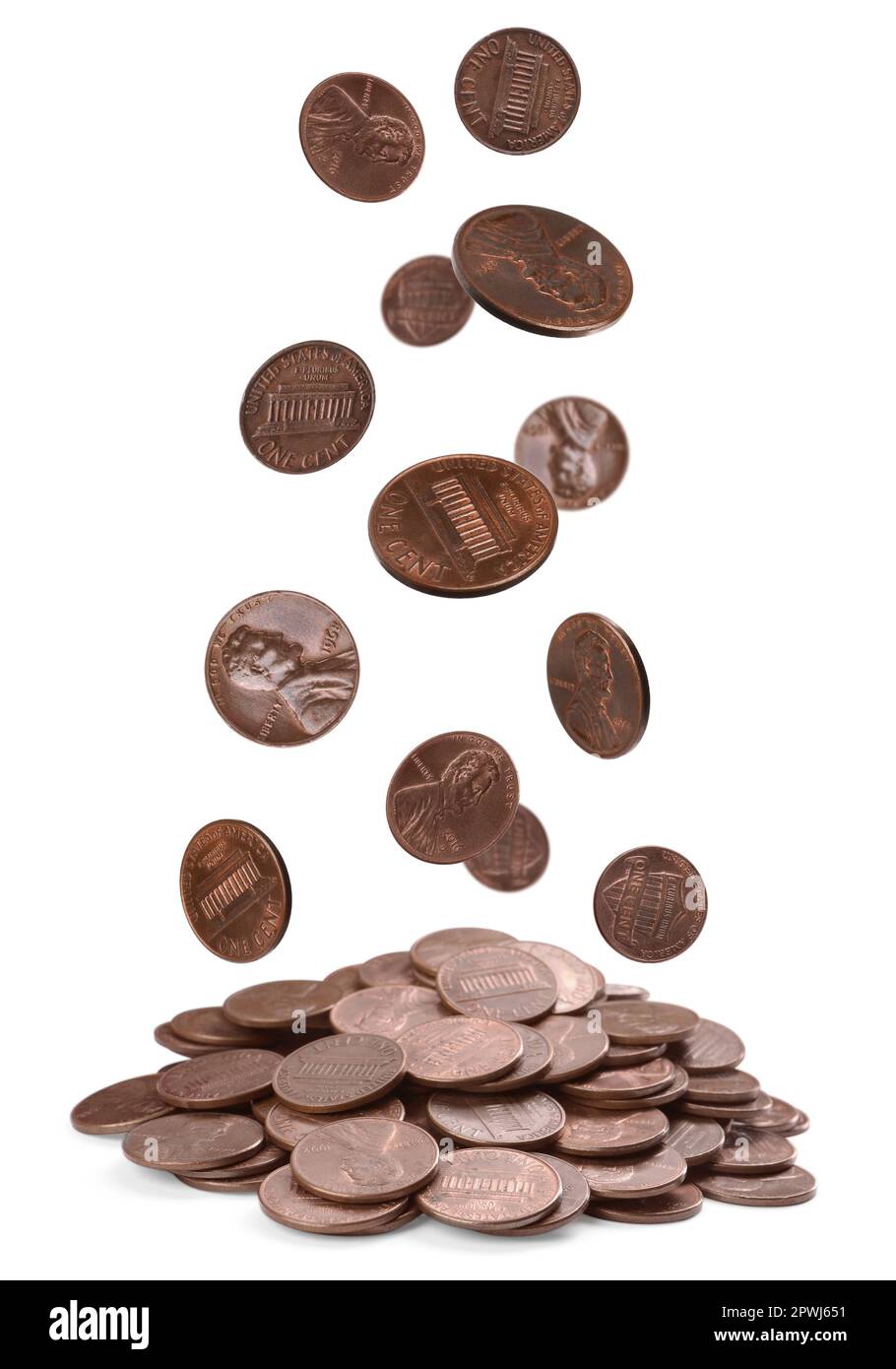 American cent coins falling into pile on white background Stock Photo ...