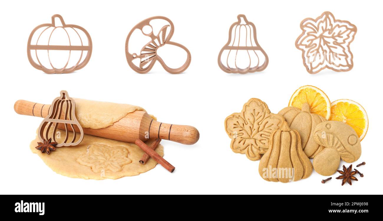 Set with different tasty cookies, cutters and spices on white ...