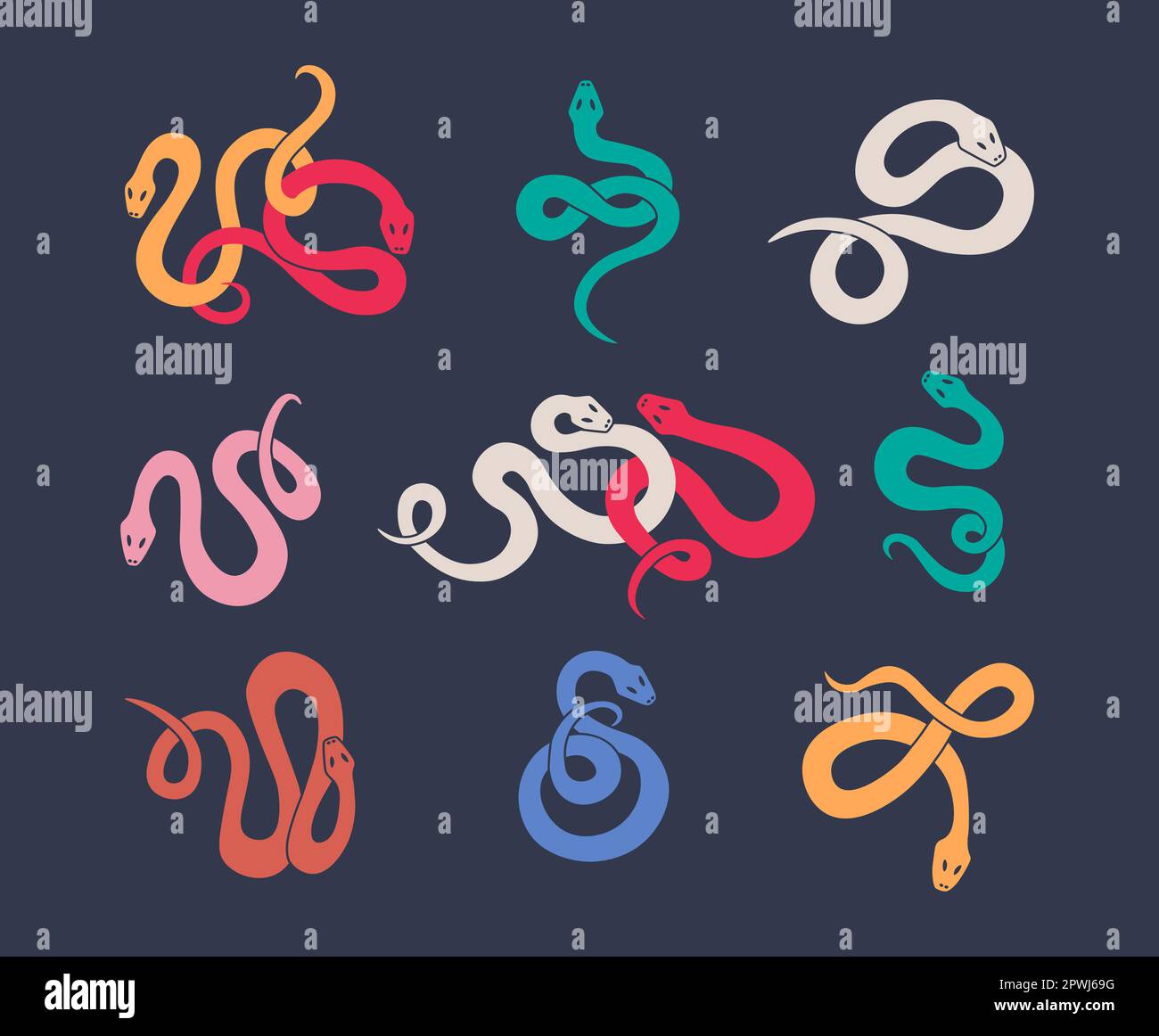 Set of graphic elements of cute twisted colorful snakes. Multicolored ...