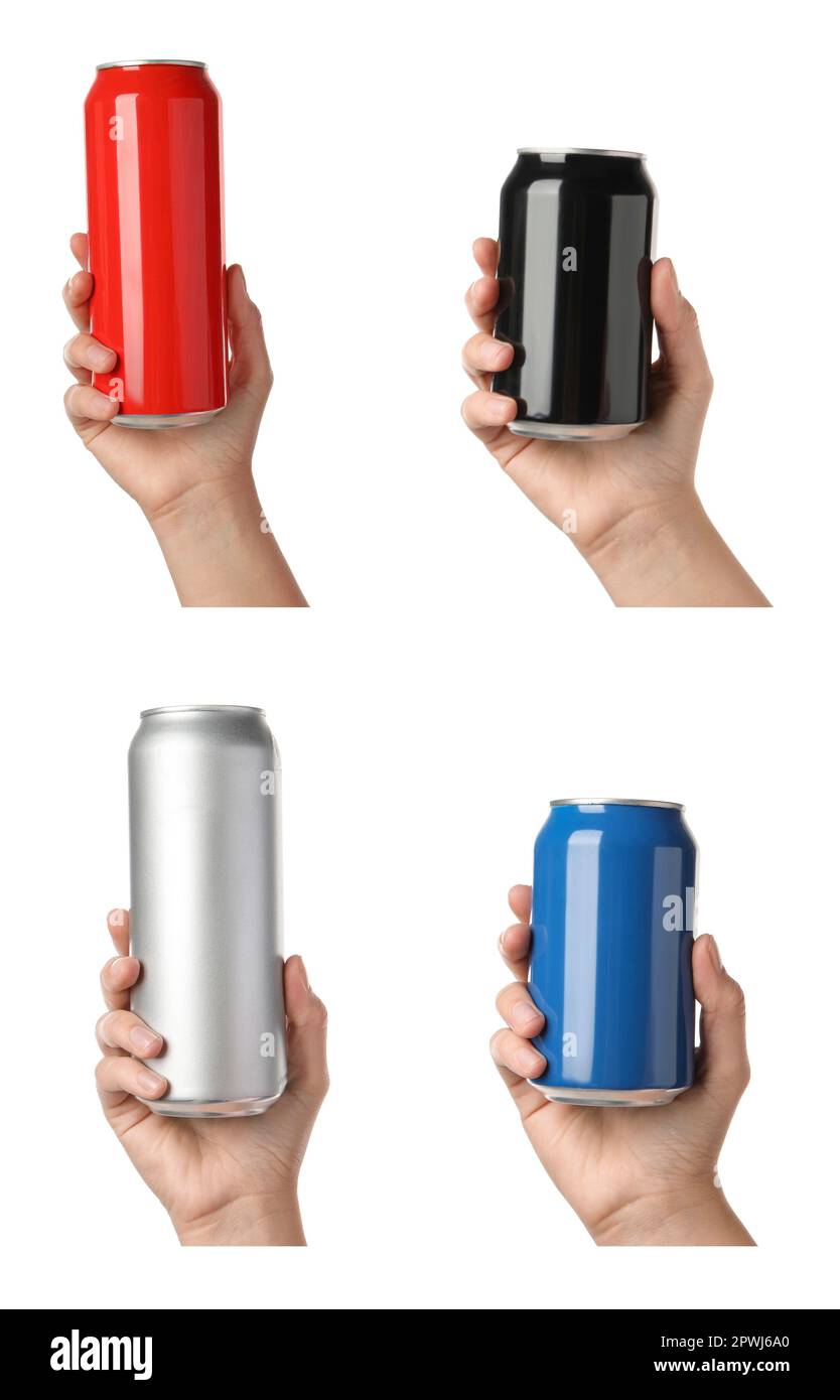 Collage with photos of women holding different cans with beverages on ...