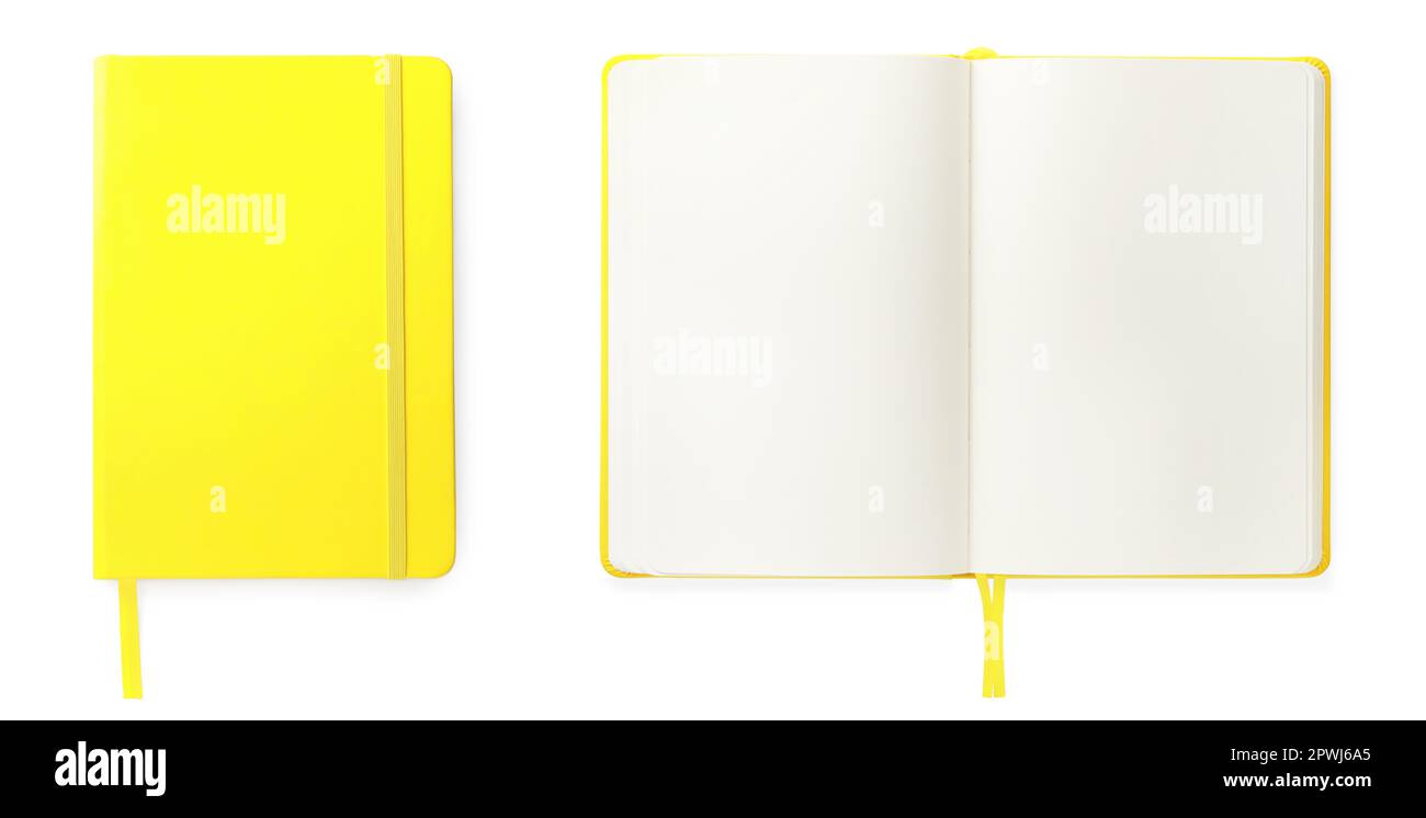 Bright yellow notebooks on white background, top view. Banner design ...