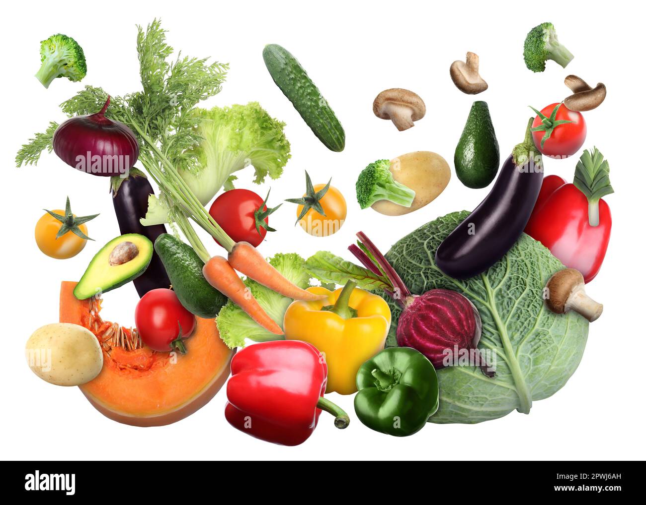 Flying fresh ripe vegetables on white background Stock Photo - Alamy