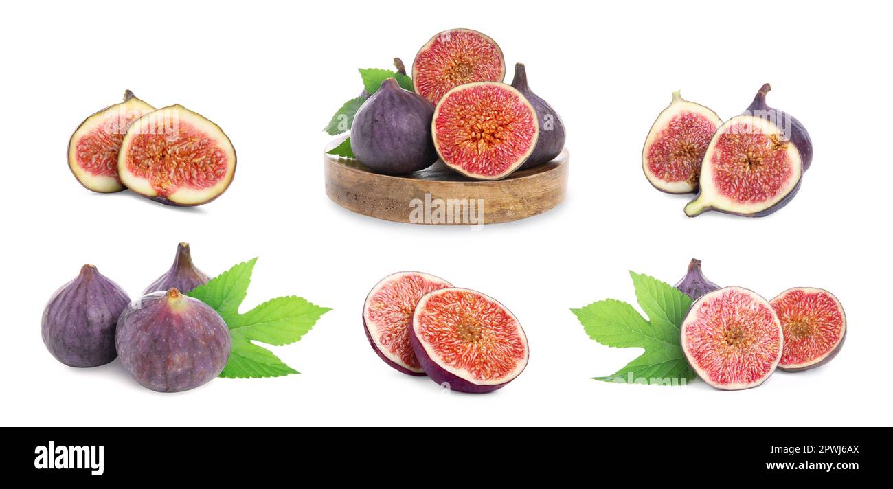Set with tasty ripe whole and cut figs on white background. Banner ...