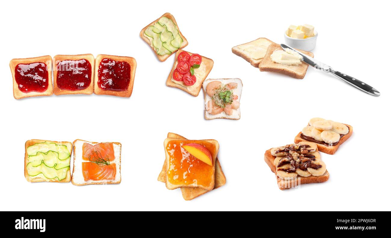 Set of different toasts on white background Stock Photo - Alamy