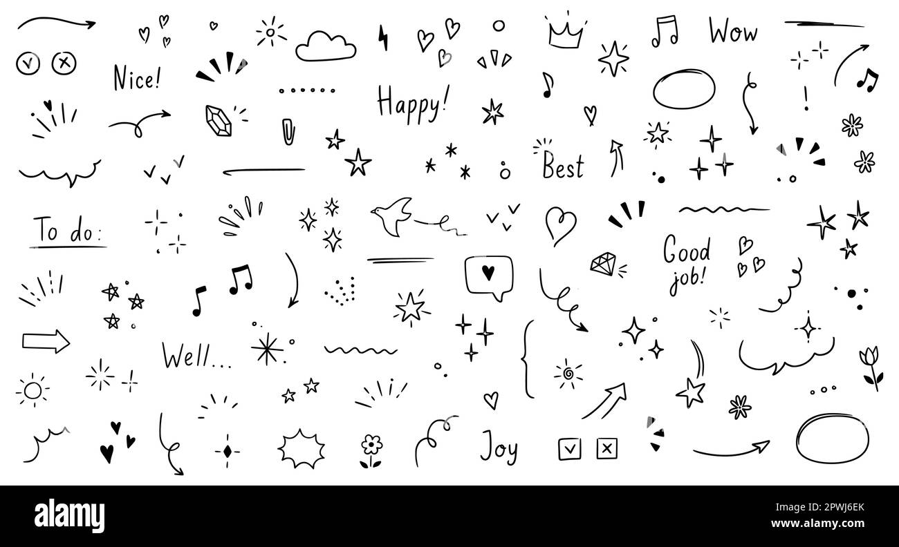 Doodle cute glitter pen line elements. Doodle heart, arrow, star ...