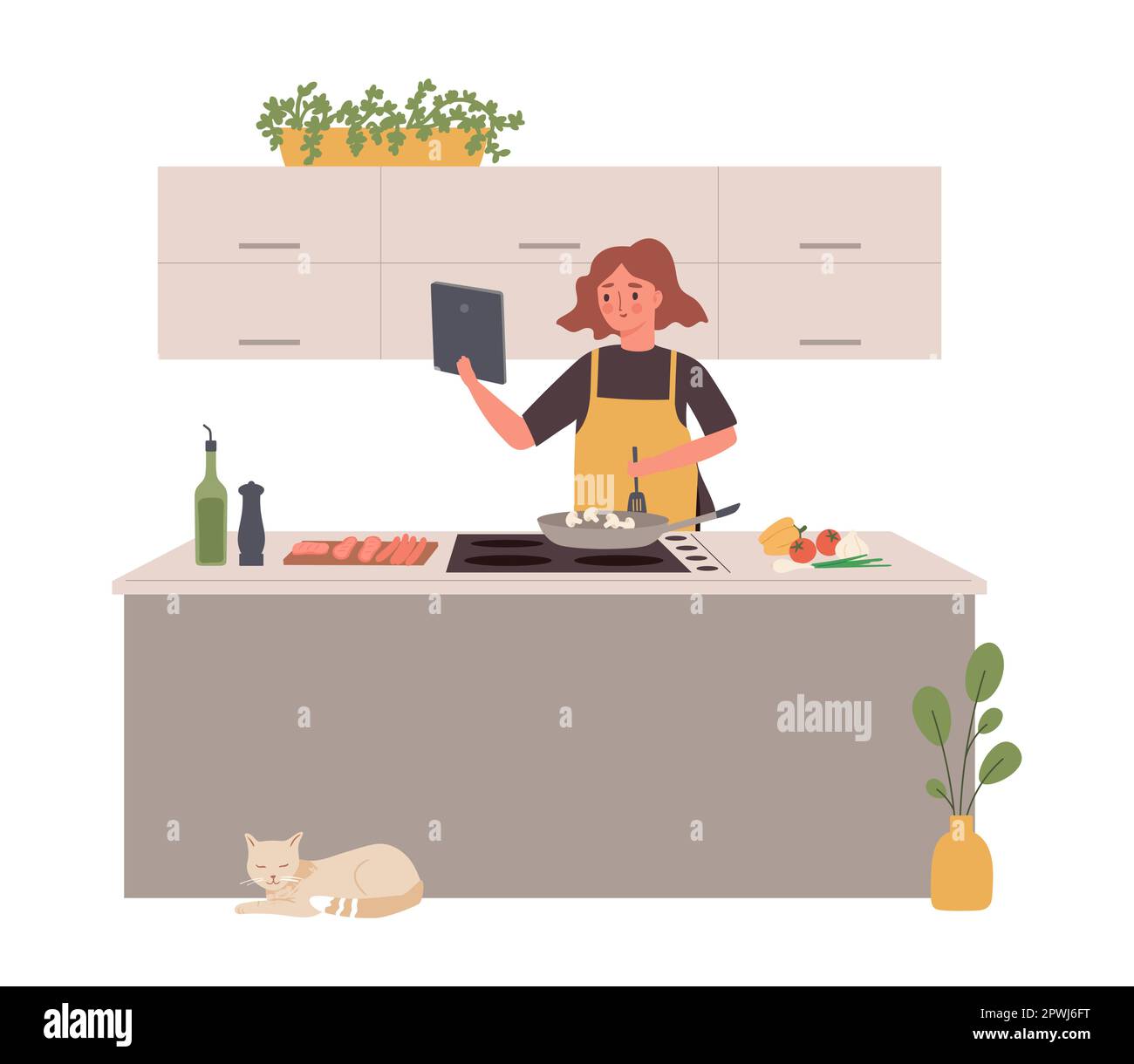 Cooking blogger. Cartoon person prepare food and streaming, trendy ...