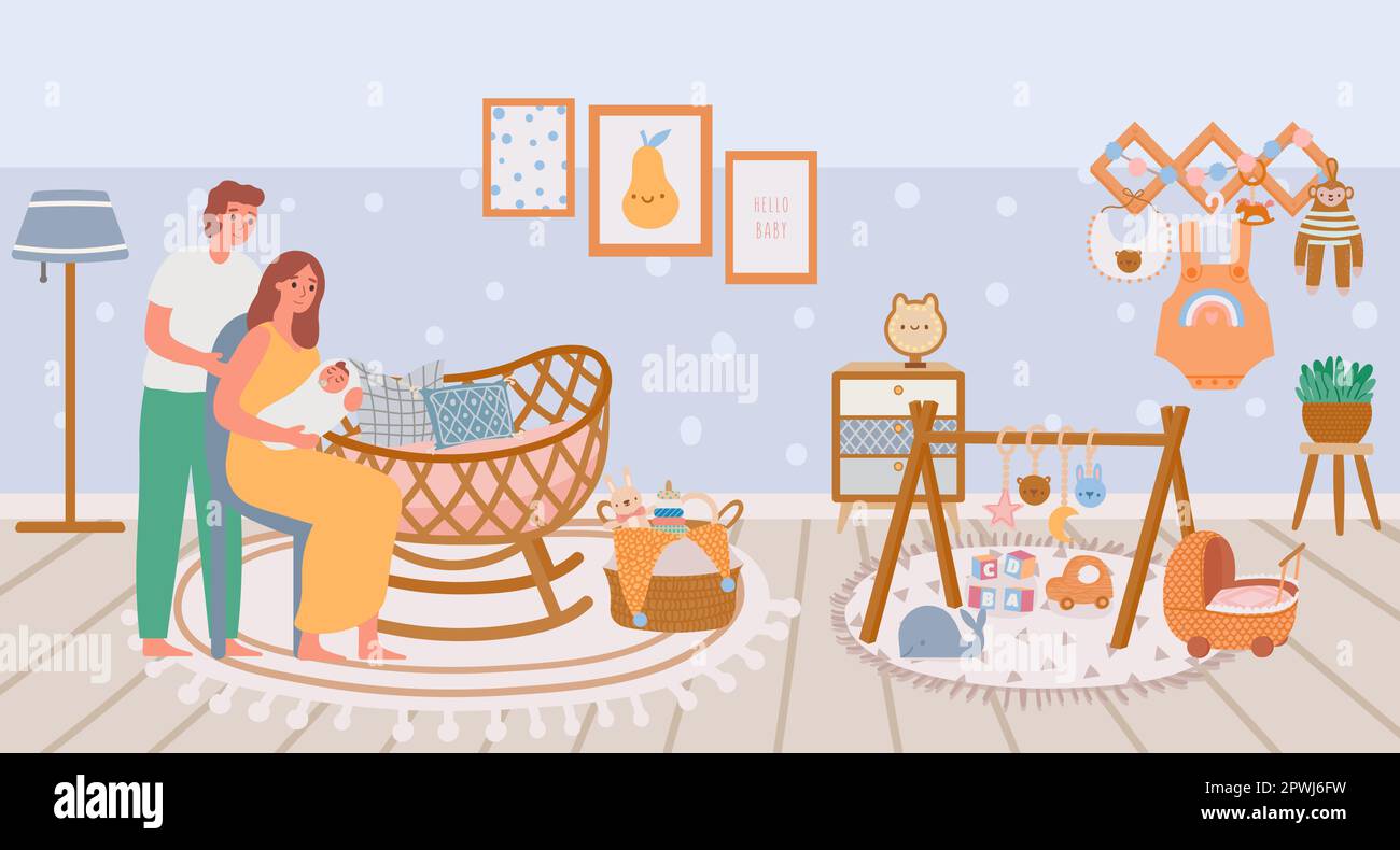 Happy parents with baby in nursery room Happy parents with baby in ...