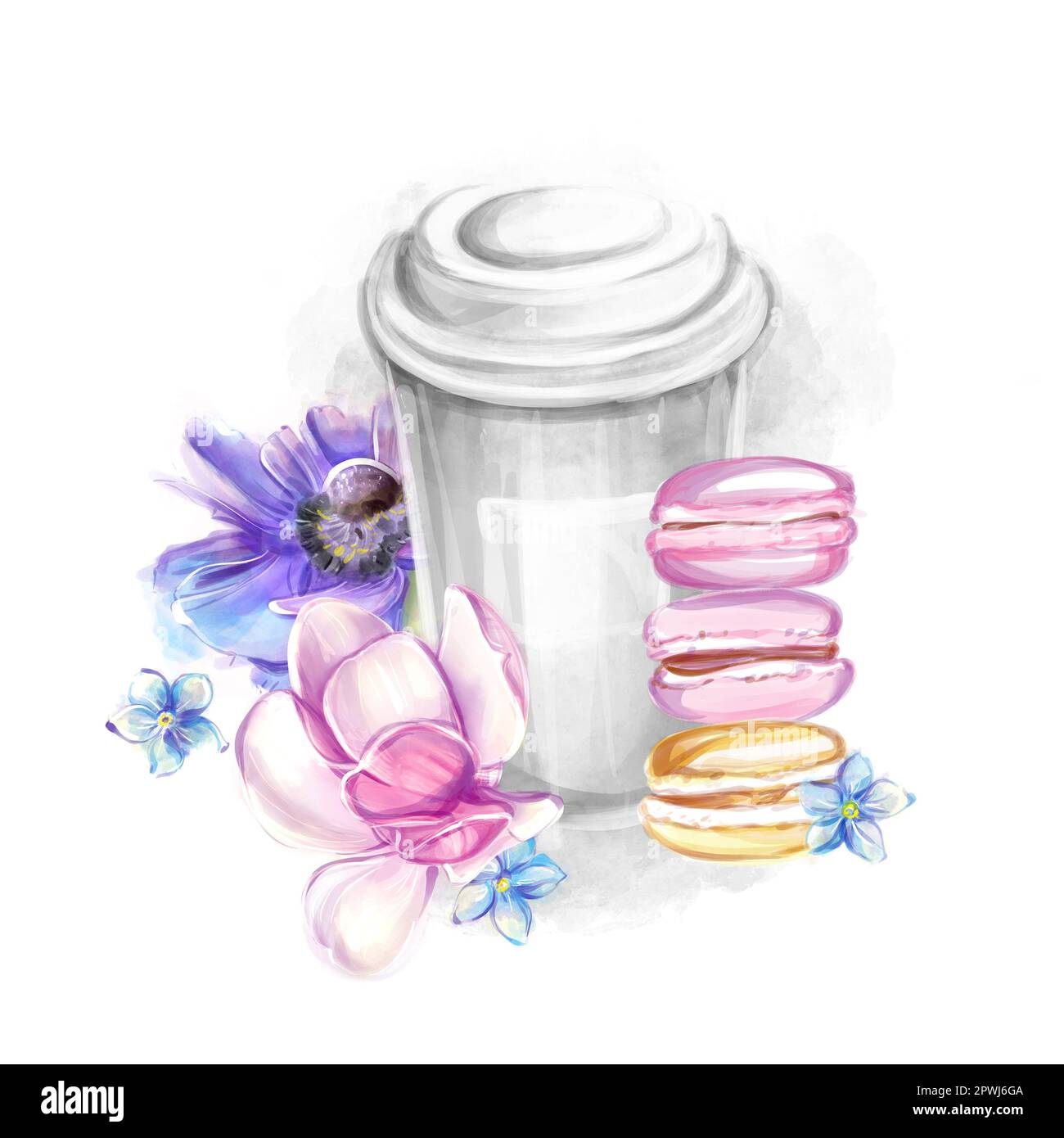 Paper cup of coffee and multicolored macarons in a watercolor style ...