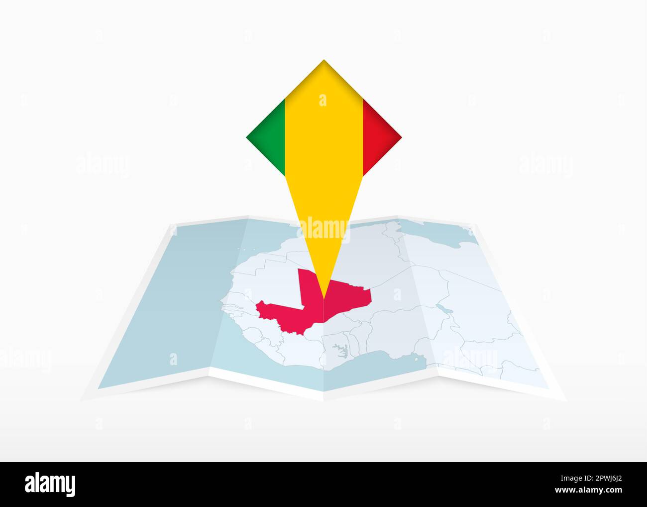 Mali is depicted on a folded paper map and pinned location marker with flag of Mali. Folded ...