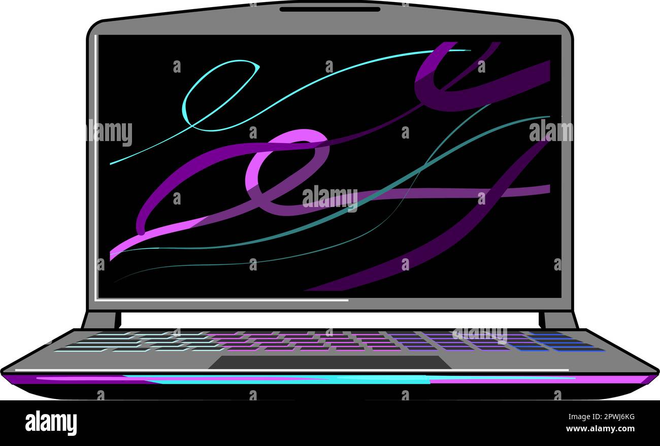 screen laptop gaming cartoon. digital keyboard, neon internet screen ...