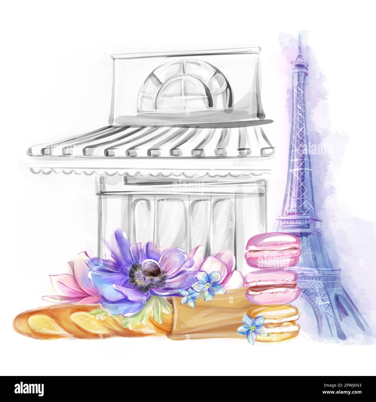 French bakery, pastry shop, macaroons. Parisian cafe. Watercolor ...
