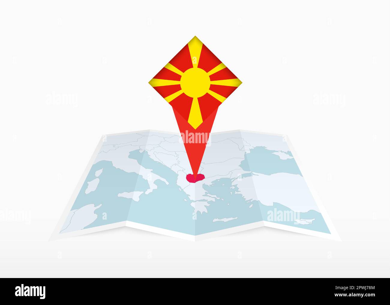 North Macedonia is depicted on a folded paper map and pinned location ...