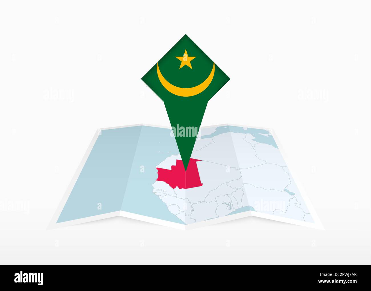 Mauritania is depicted on a folded paper map and pinned location marker with flag of Mauritania ...