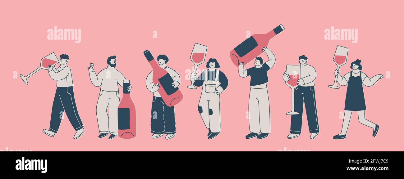 Set of cute characters with huge wine glasses and bottles. Men and ...