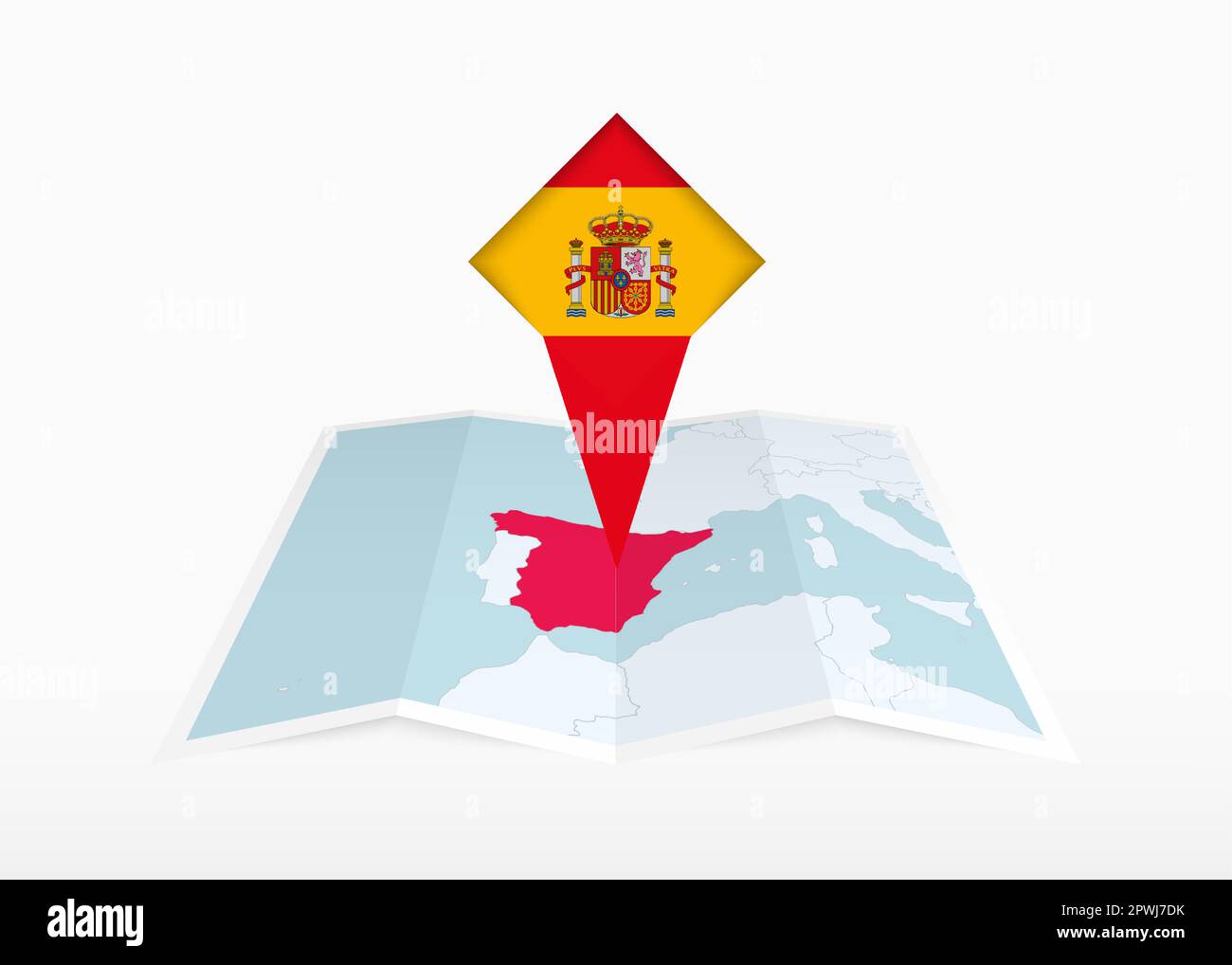 Spain is depicted on a folded paper map and pinned location marker with ...