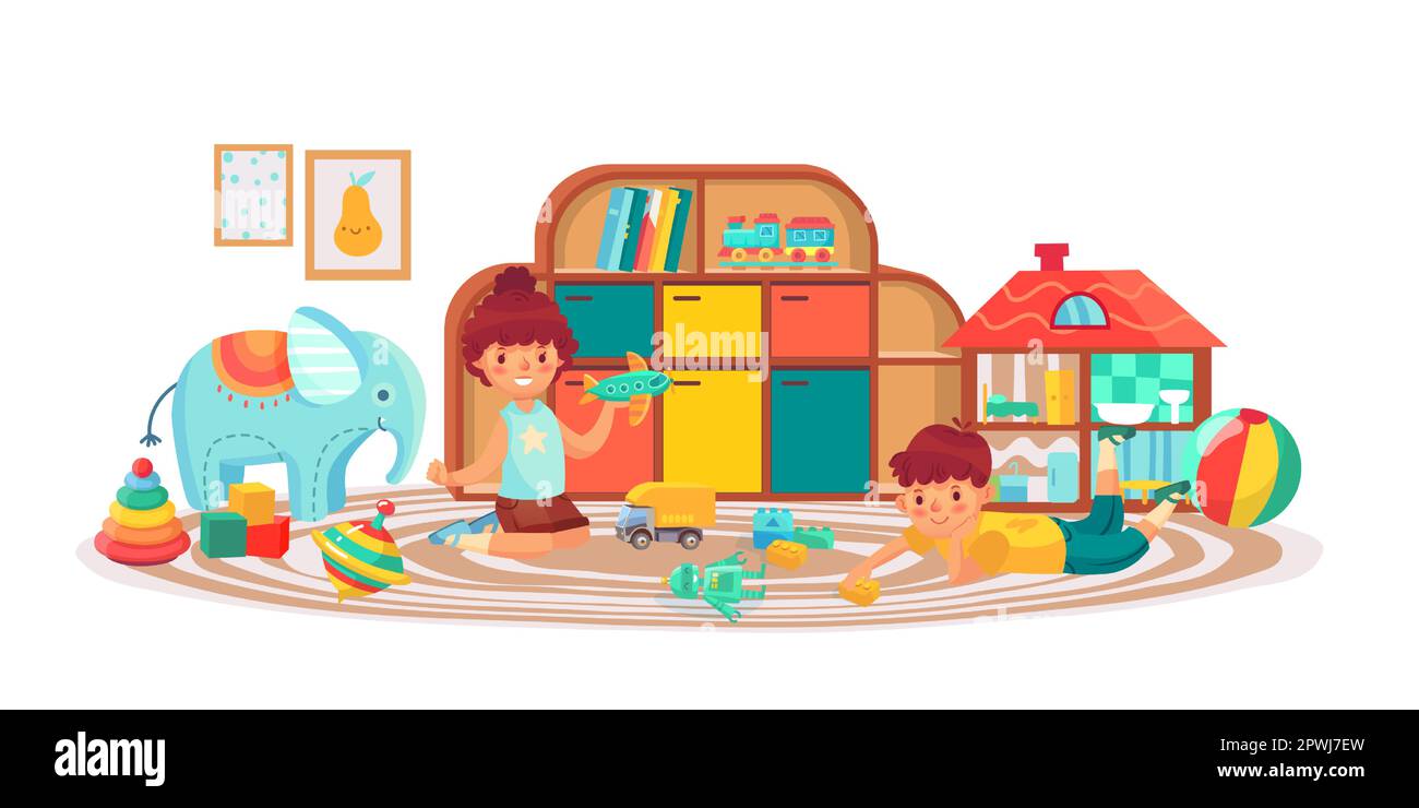 Kids in playing room with toys, boy and girl play with toys in kids ...
