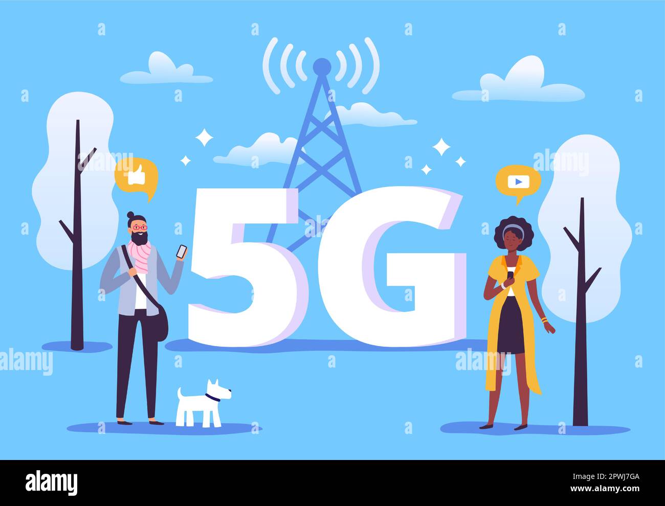 Mobile 5g connection. People with smartphones use high speed internet. Vector of smartphone ...