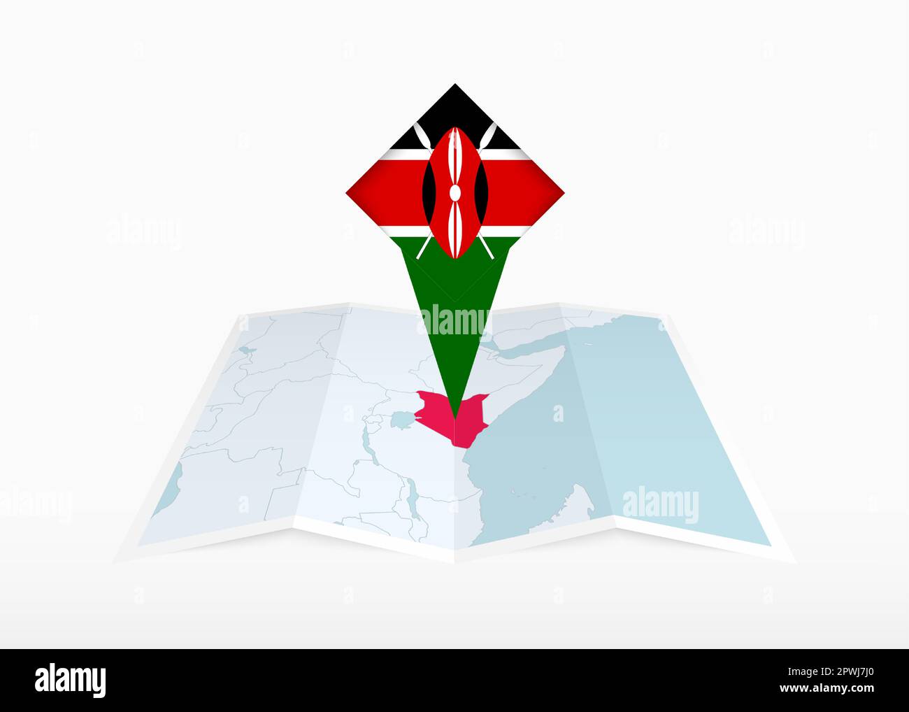 Kenya is depicted on a folded paper map and pinned location marker with ...