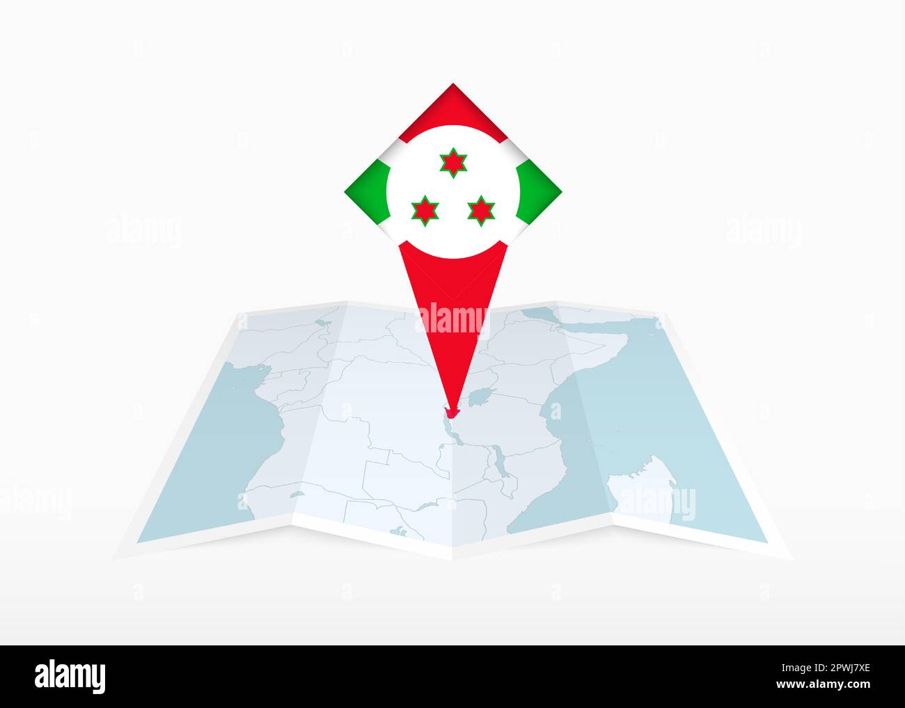 Burundi is depicted on a folded paper map and pinned location marker ...