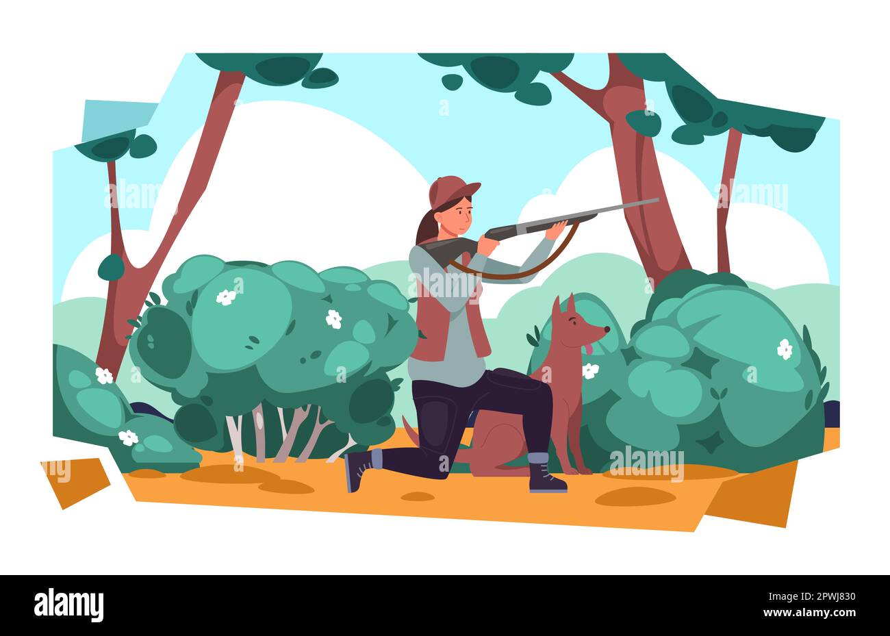 Hunter character. Cartoon female with hunting dog pointing weapon ...