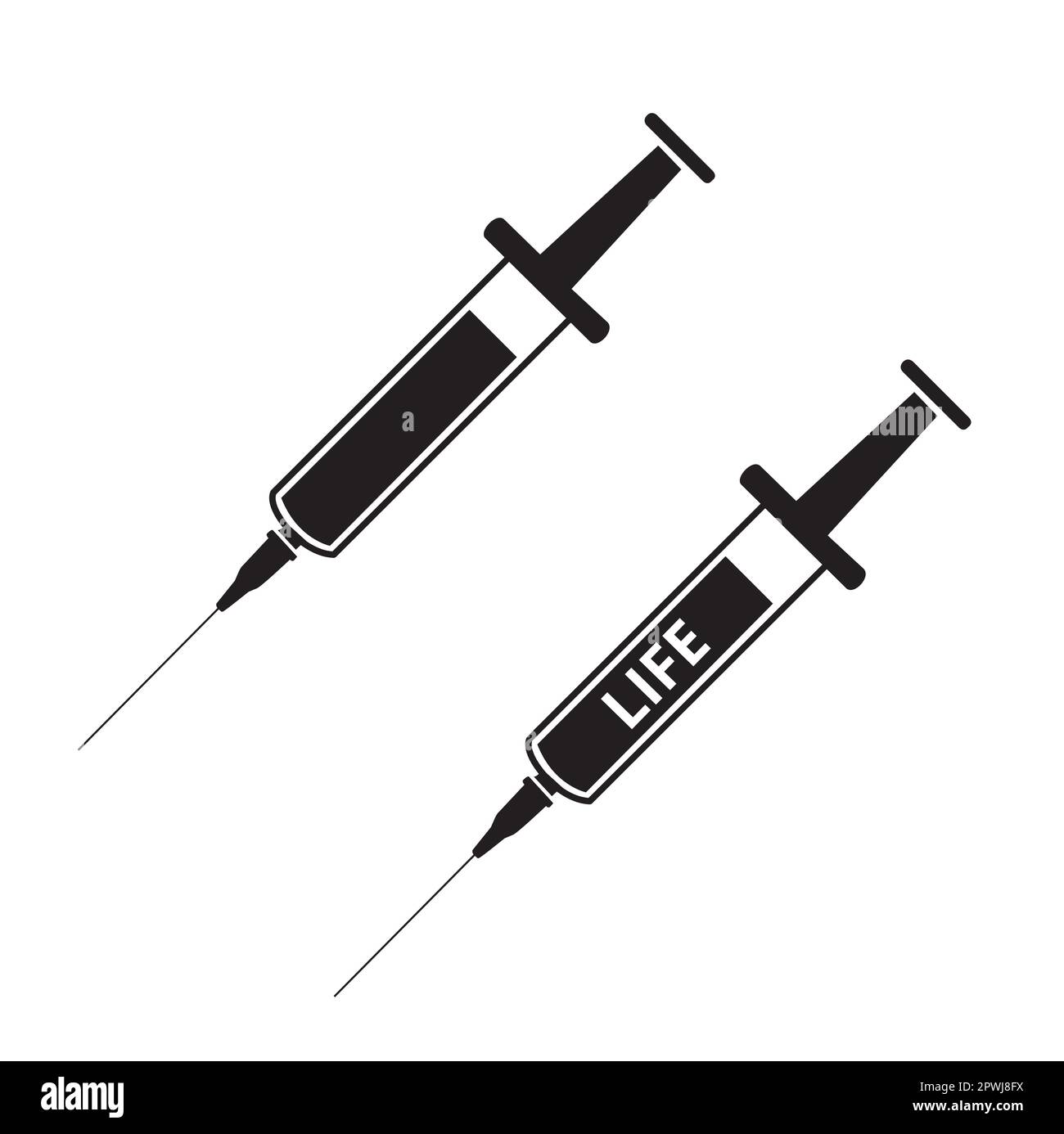 Two syringes, one with life single word on a white background with copy ...