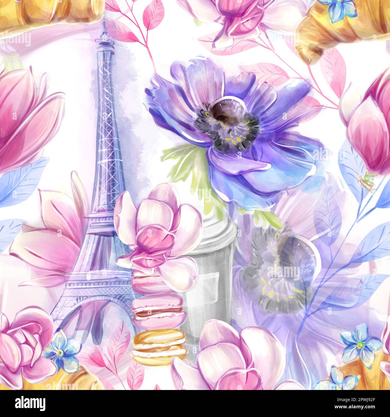 Seamless pattern eiffel tower, paris and spring flowers in a watercolor ...