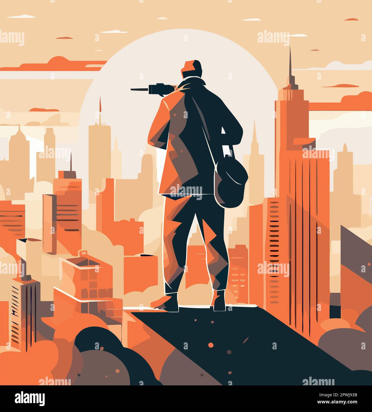 back view man on building looking a cityscape Stock Vector Image & Art ...