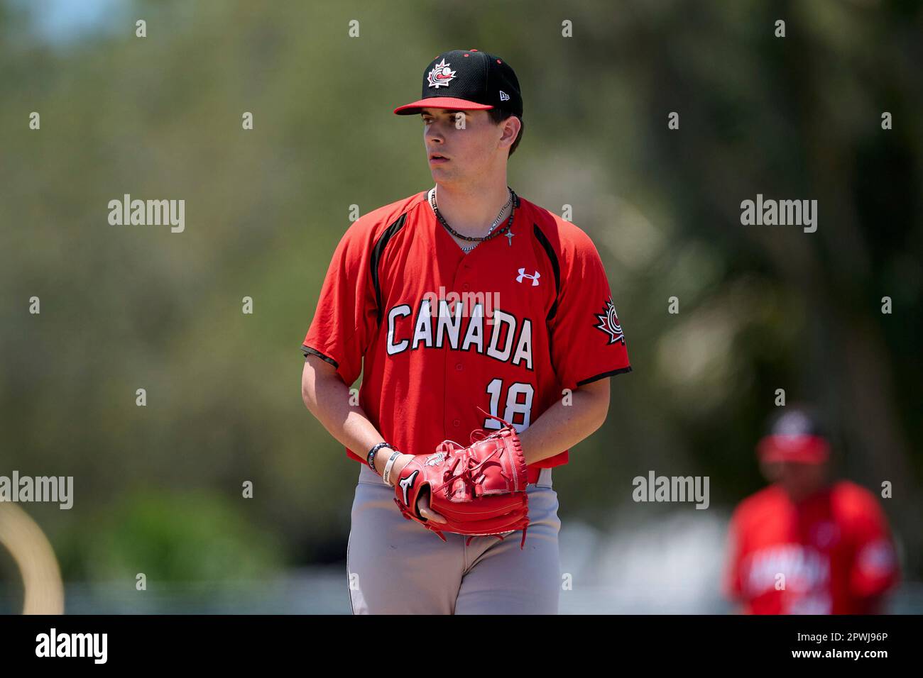 Team Canada 18u pitcher Elliot Cadieux Lanoue (18) during an extended ...