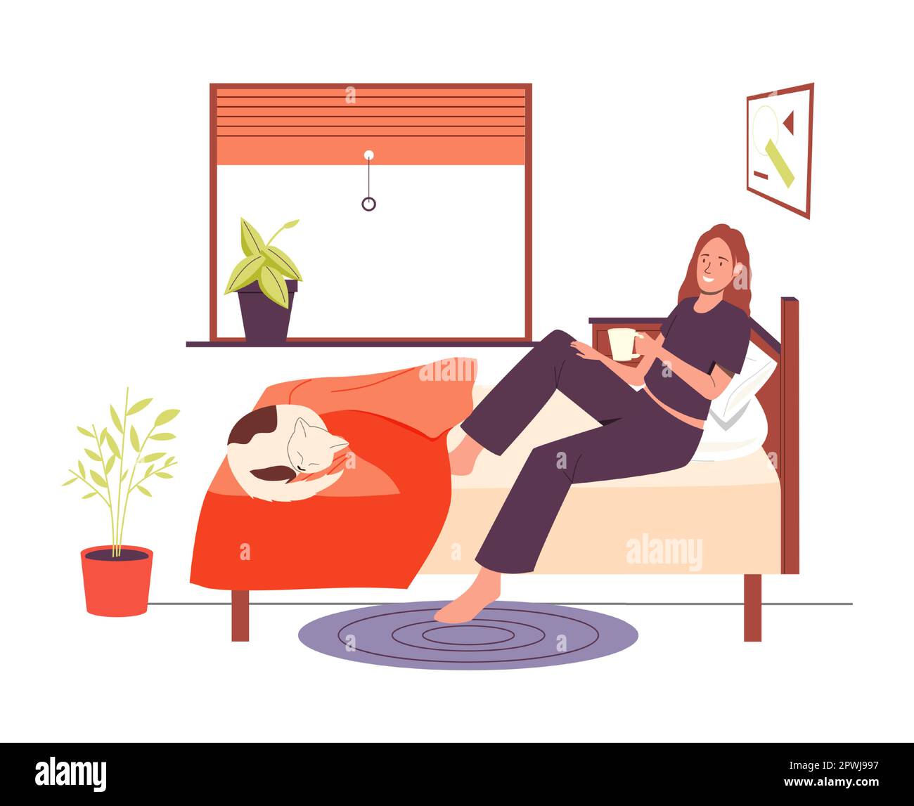 Woman wakes up on the bed in a good mood. Vector of bedroom woman, morning mood with coffee and ...