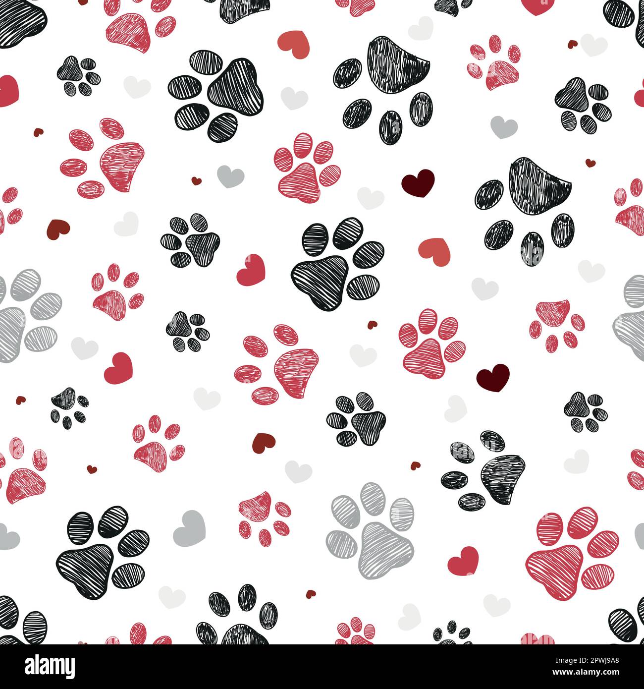 Black and red seamless paw prints with hearts pattern Stock Vector ...