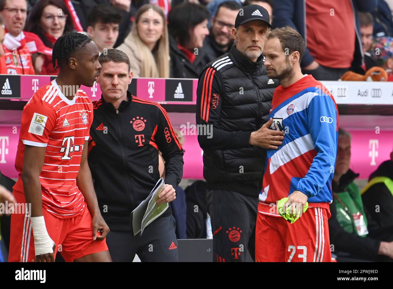 Munich, Deutschland. 30th Apr, 2023. From left: Mathys TEL (FCB), co ...