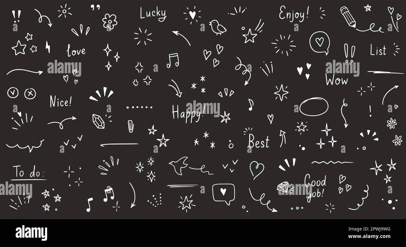 Doodle cute glitter pen line elements chalkboard. Doodle heart, arrow ...