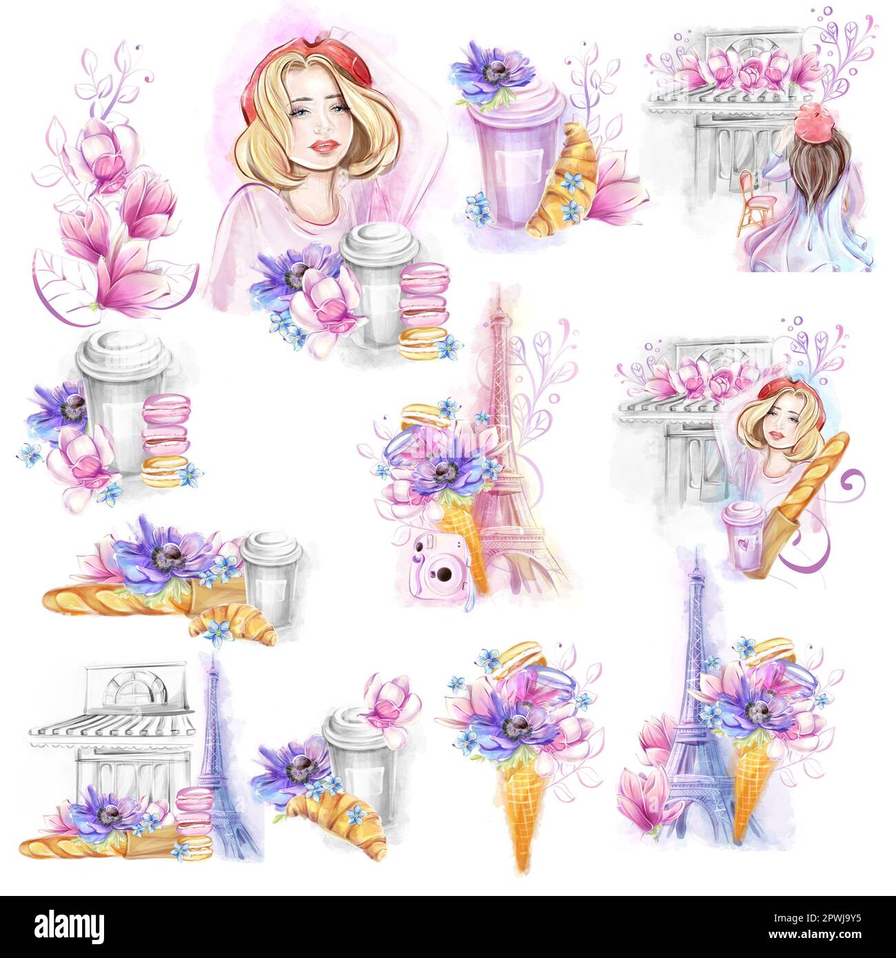 France. Watercolor illustrations in romantic style, clipart. Spring in ...