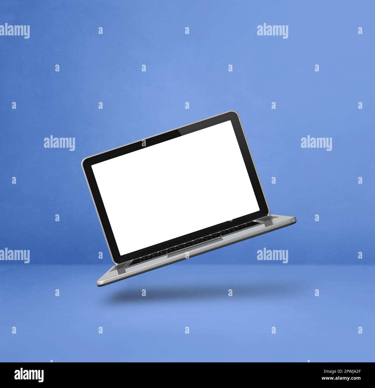 Blank computer laptop floating over a blue background. 3D isolated ...