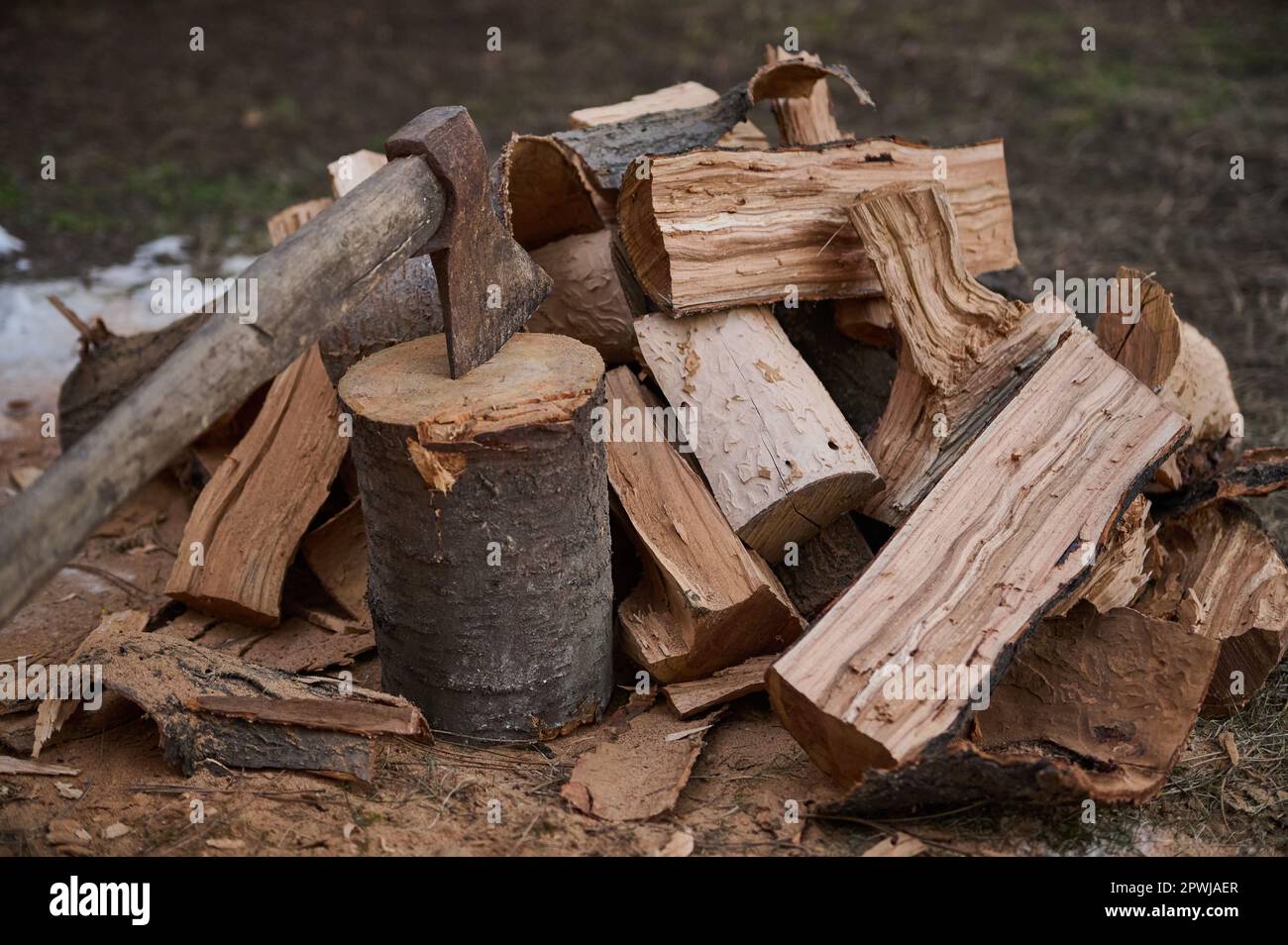 The concept of chopping wood for fire heat. Still life composition with ...