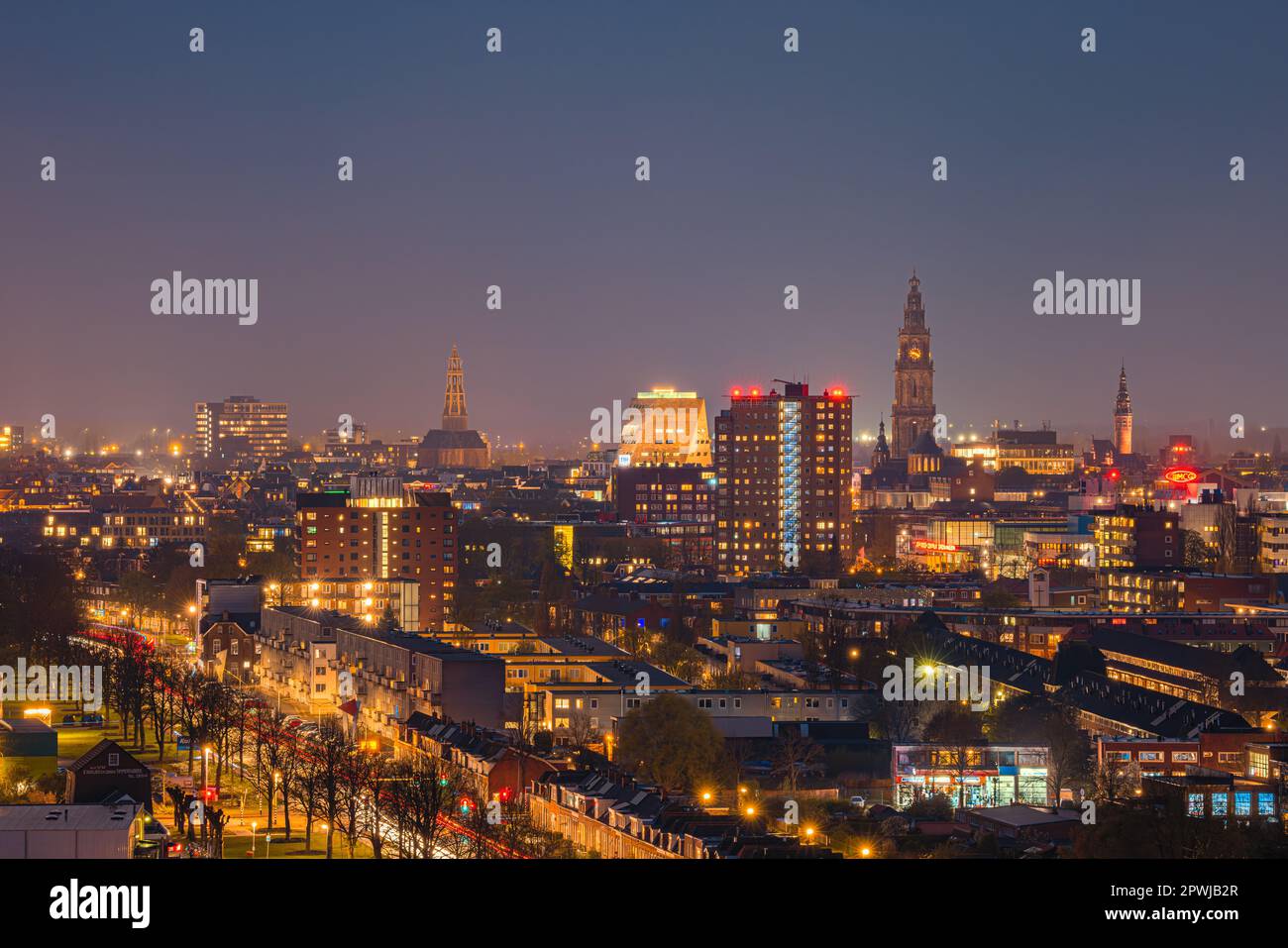 An evening photo of the skyline of Groningen. The view is towards the ...
