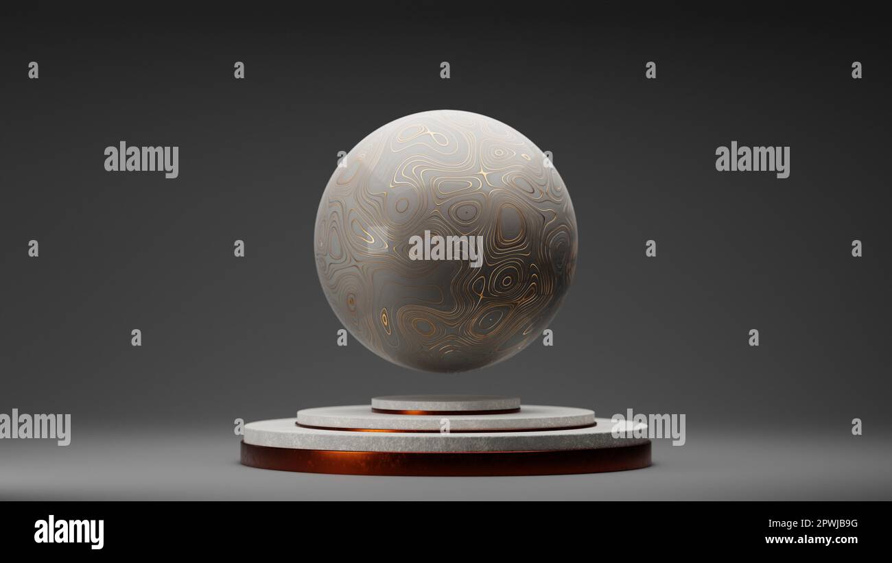 Sphere of marble with wavy gold streaks floating over a pedestal. Abstract background. Digital ...