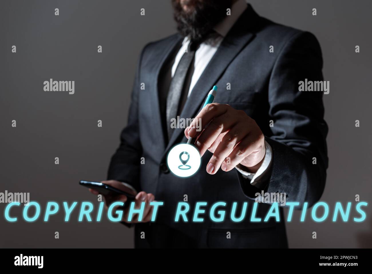 Text caption presenting Copyright Regulations, Word Written on body of ...