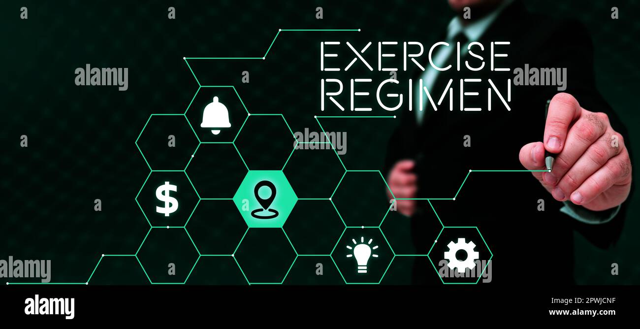 Text sign showing Exercise Regimen, Word Written on move body ...