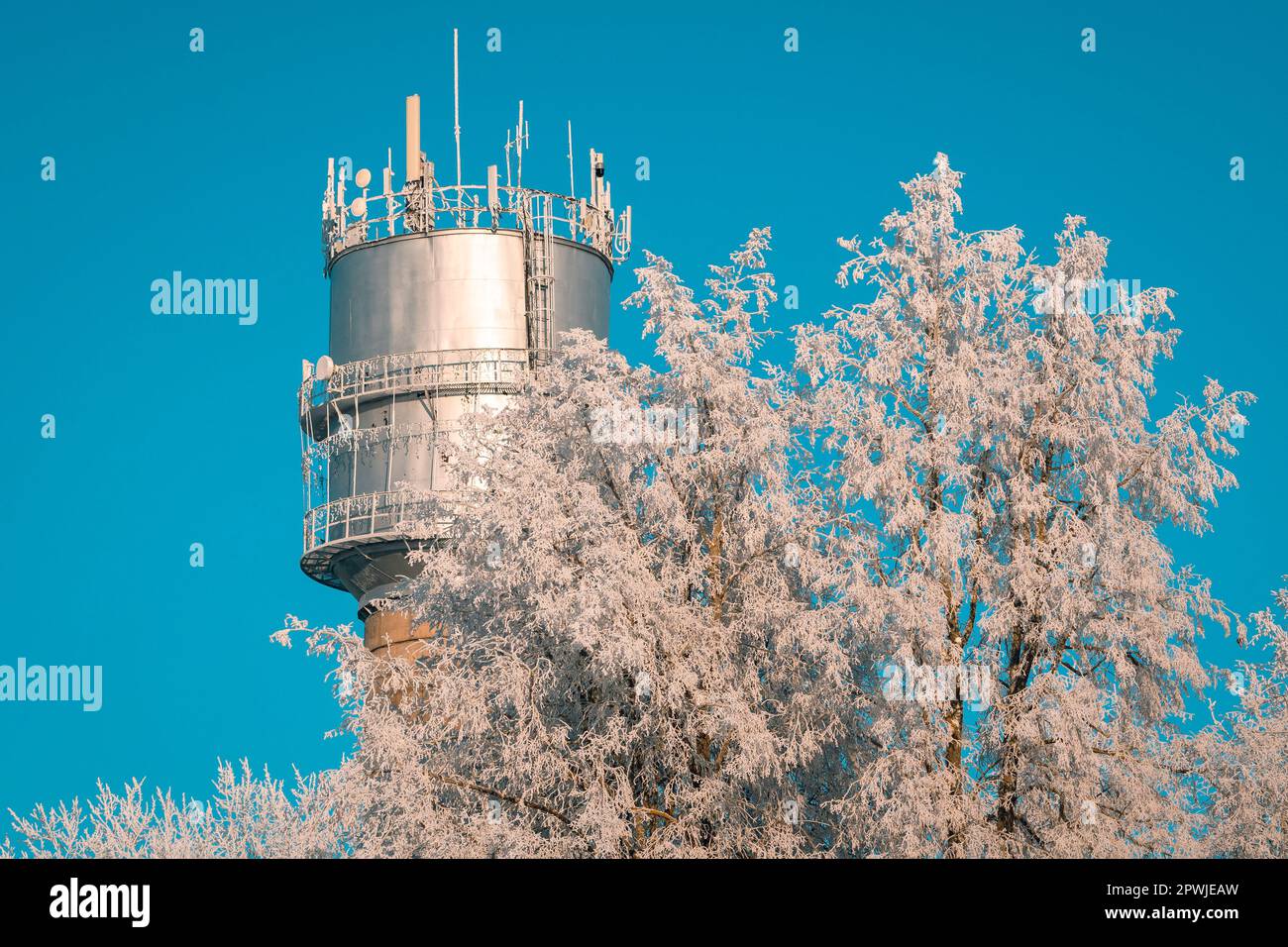 Water tower with communication antennas over a tree tops. Hoarfrost on ...