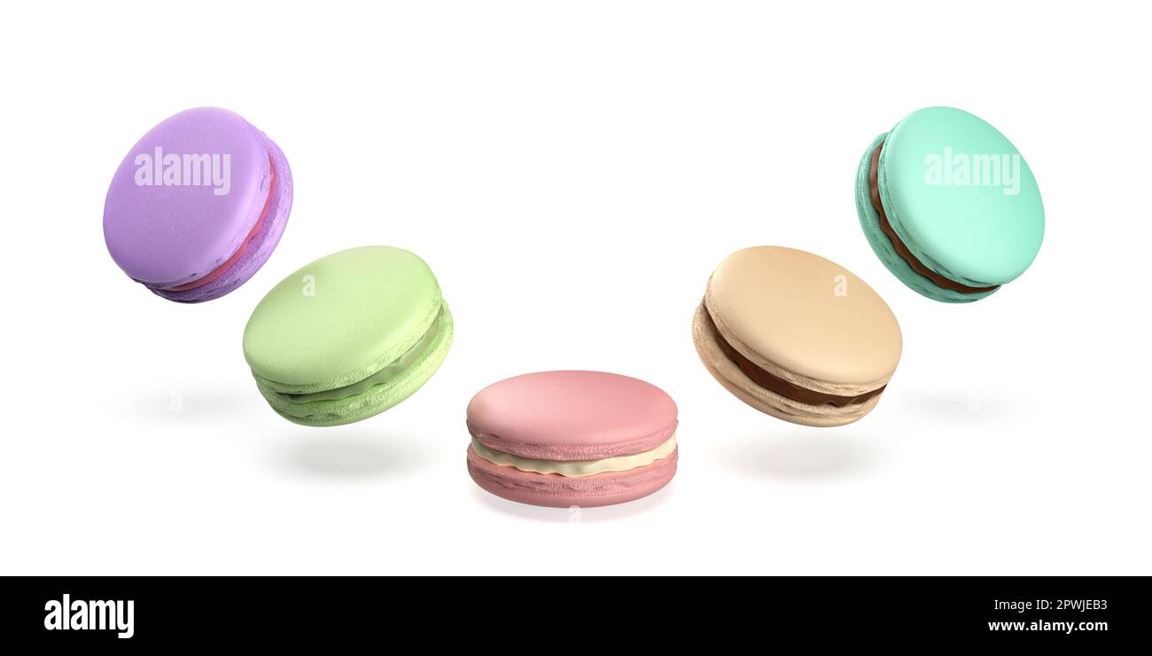 French macarons with different colors and flavors on white background ...