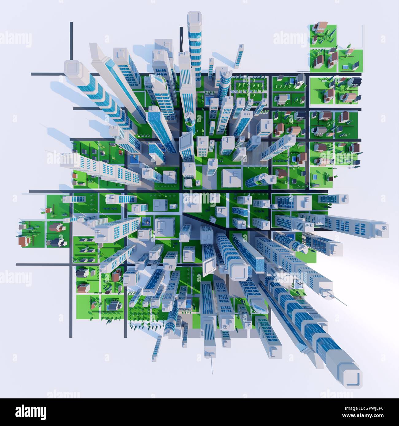 Clean, modern city with tall buildings, parks and green spaces. Digital ...
