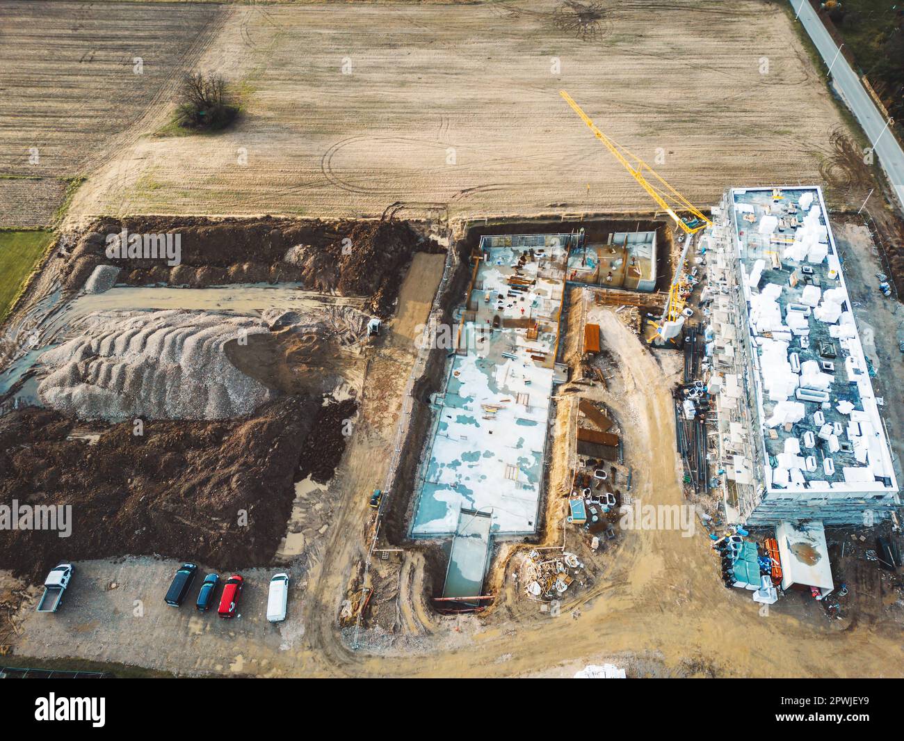 Aerial view of construction site somewhere in the country side of ...